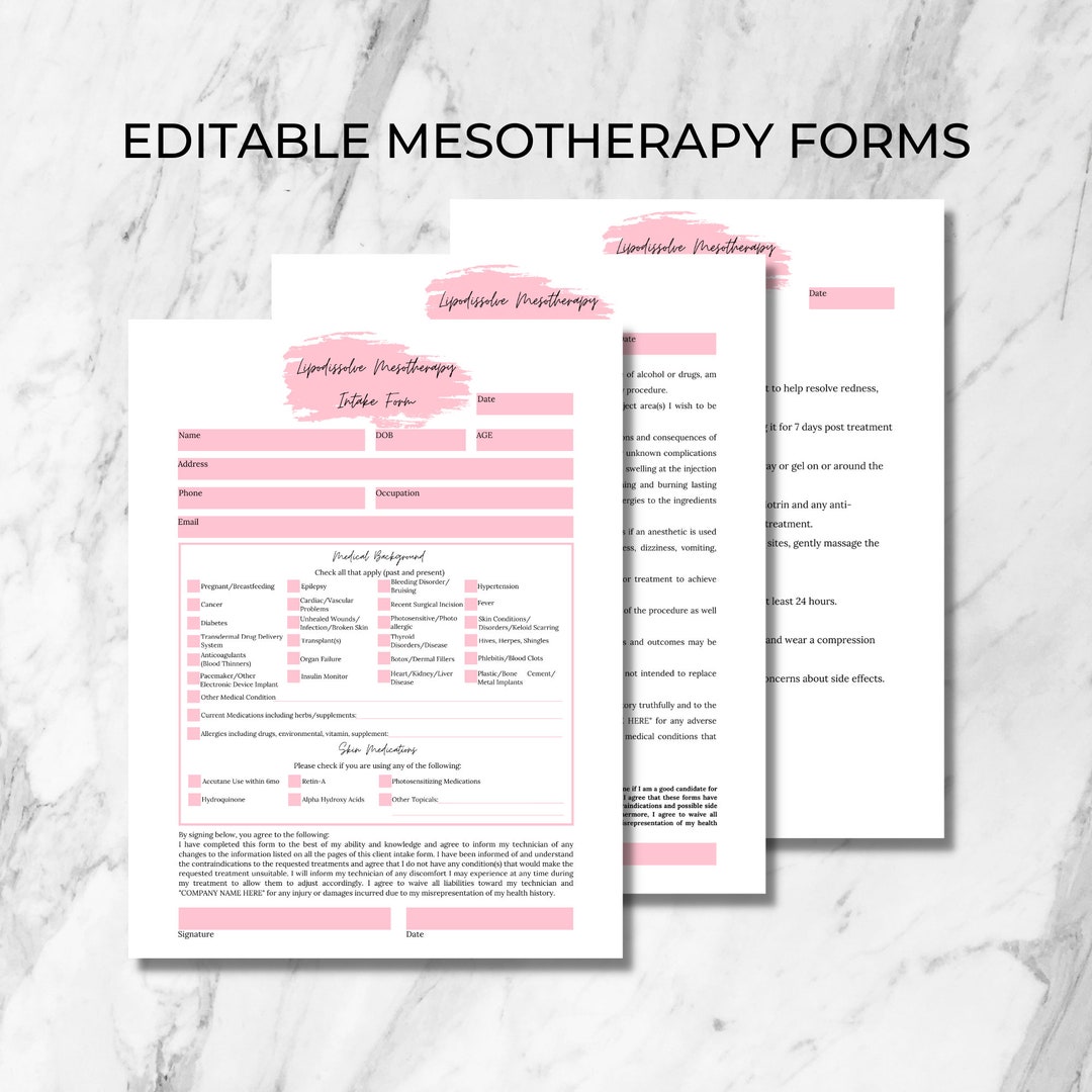 Mesotherapy Intake Form, Consent Form, Aftercare, Editable Template ...