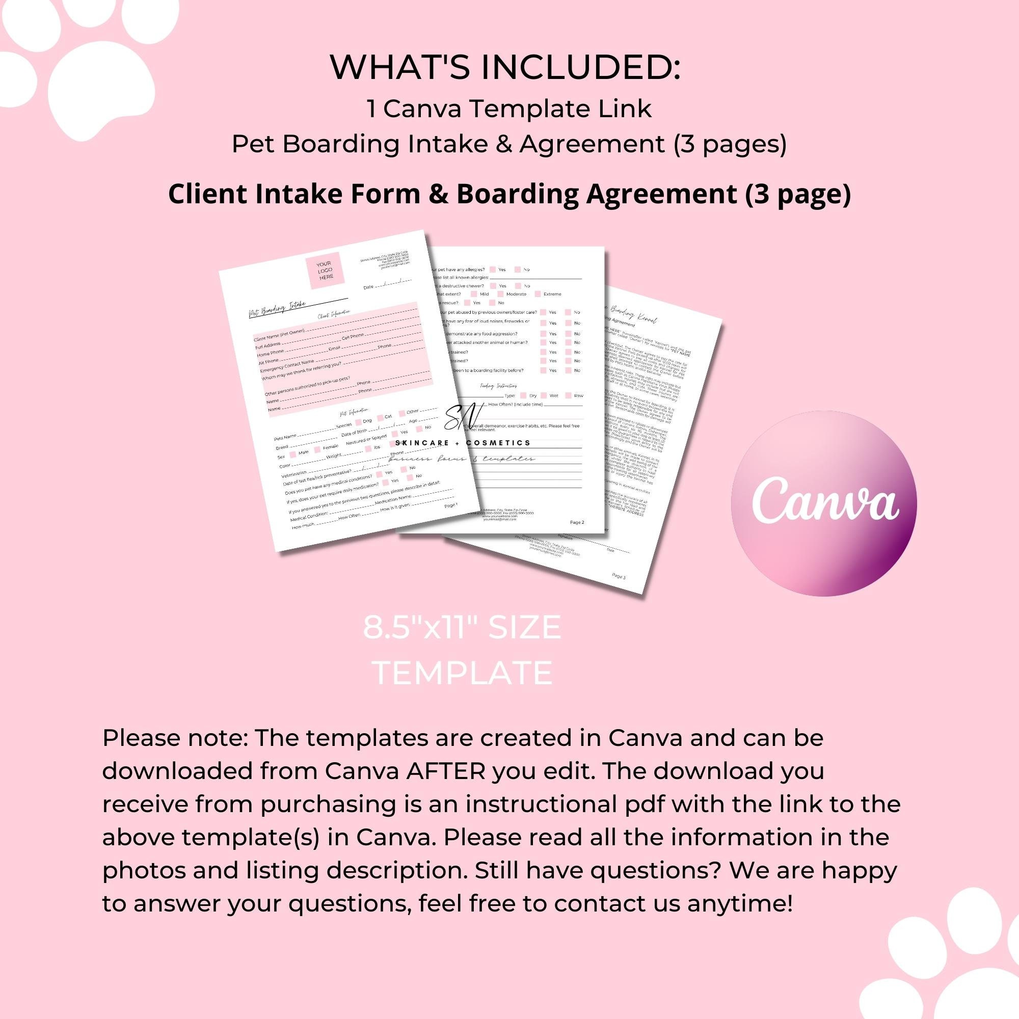 Pet Boarding Intake Form and Contract Agreement DIY Editable - Etsy
