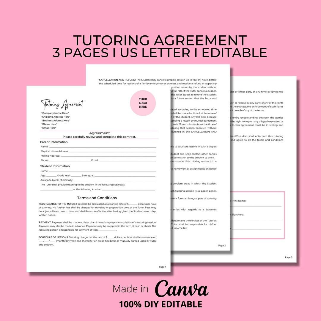 Tutoring Agreement Templates, 3 Page DIY Canva Templates, Tutoring ...