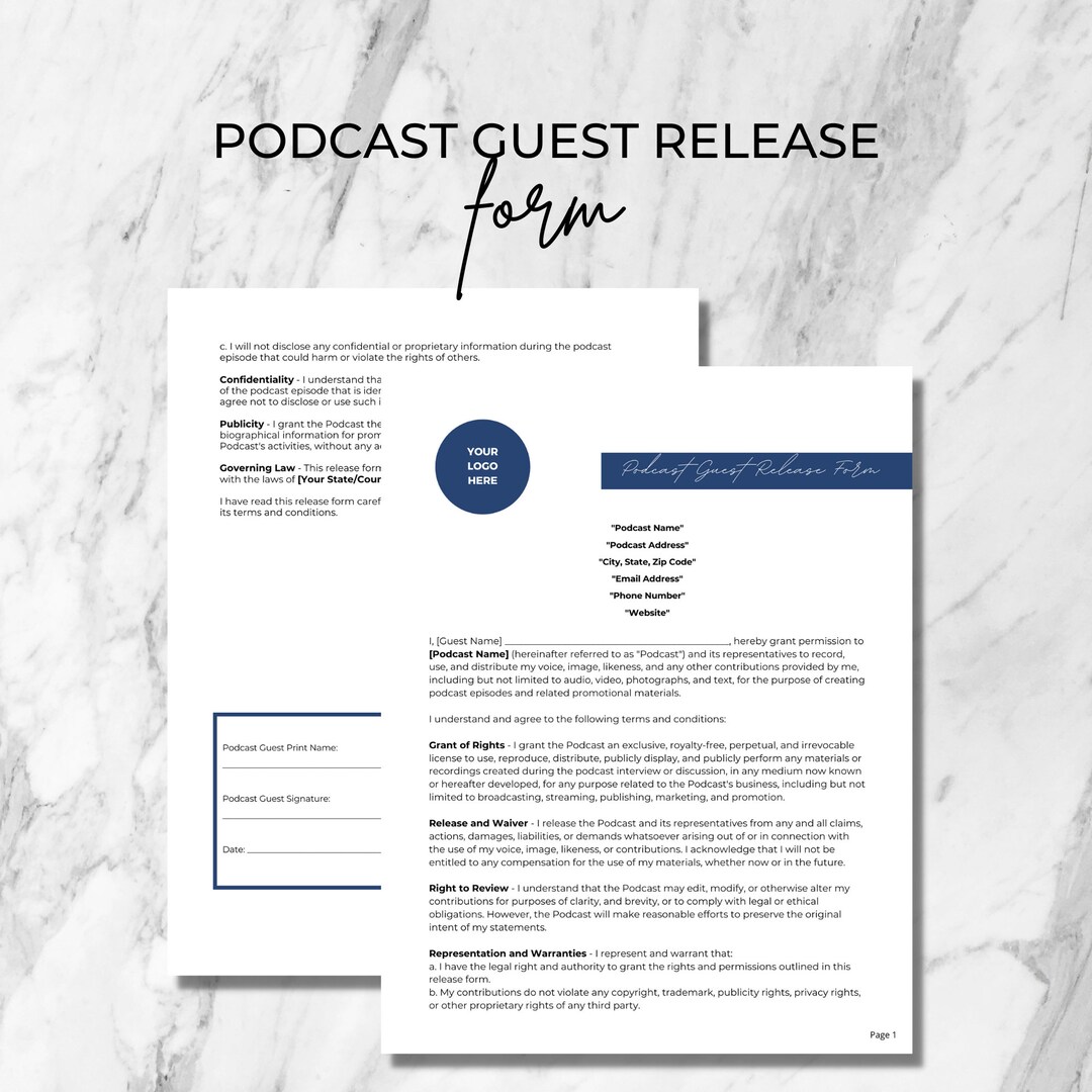 Podcast Guest Release Form, Permissions, Recording Consent, Interview ...