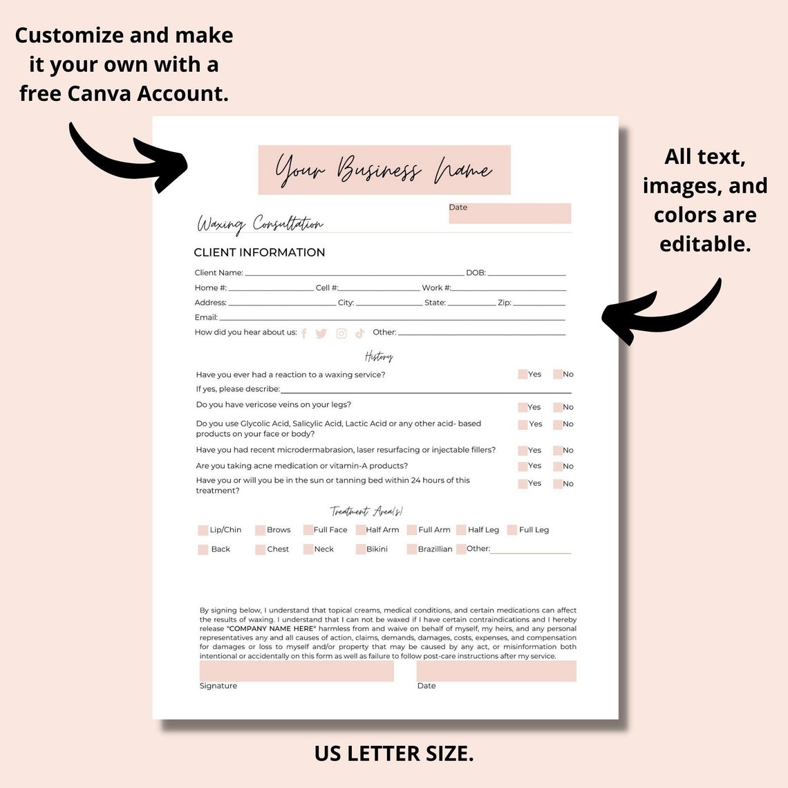 Waxing Consultation Form Waxing Consent Form Waxing - Etsy
