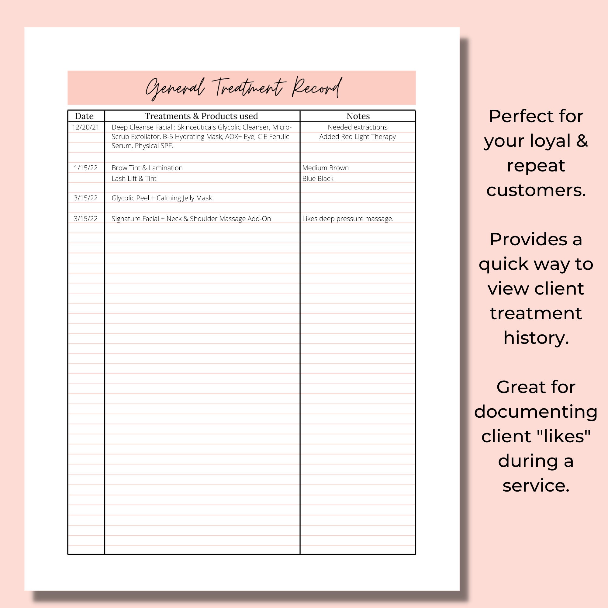 General Treatment Record Form Client Service Record - Etsy