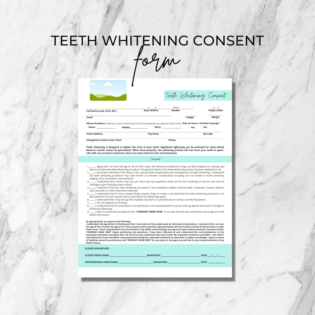 Teeth Whitening Consent Form, Teeth Bleaching Treatment Form, Tooth ...