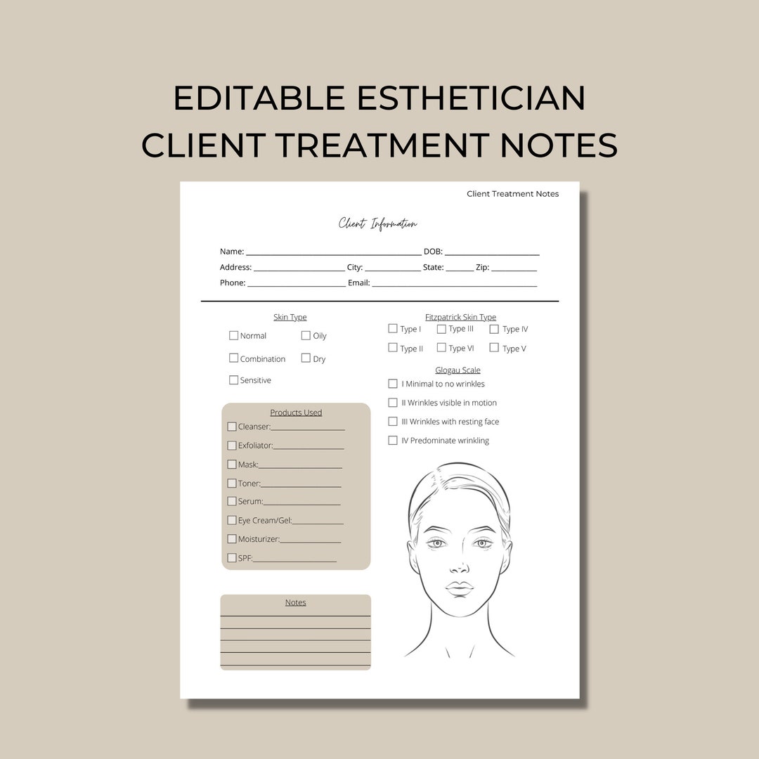 Client Treatment Notes Form, DIY Editable Canva Template, Esthetician ...