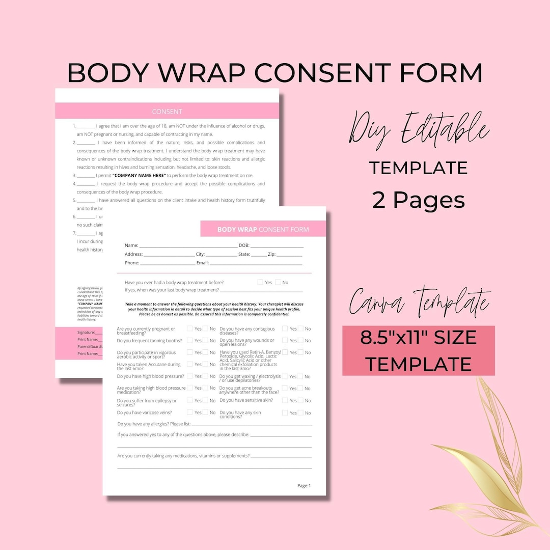Body Wrap Consent Form, DIY Editable Printable 2 Page Canva Template ...