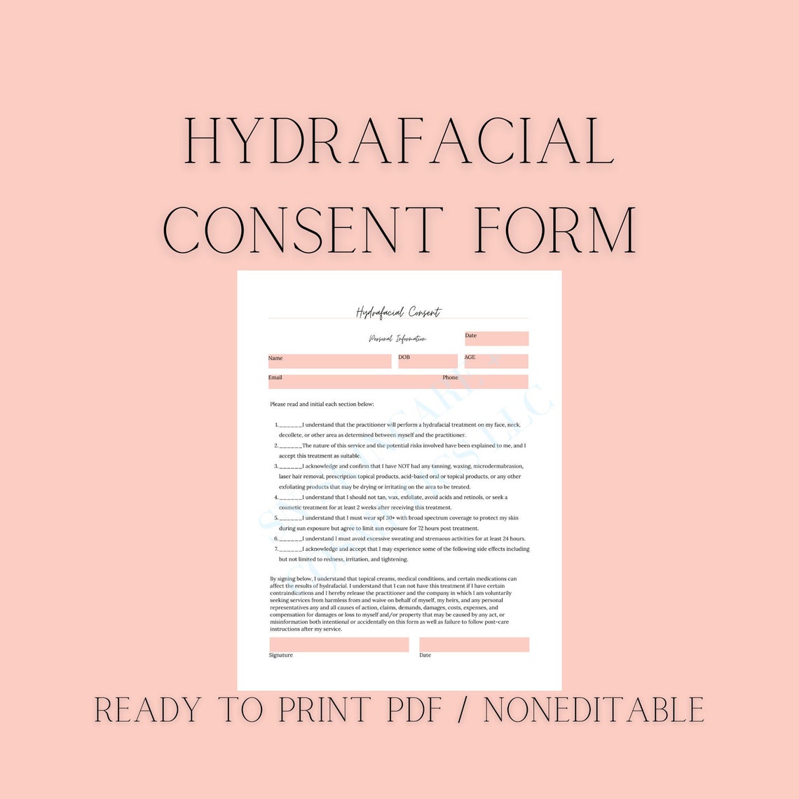 Ready To Print Hydrafacial Consent Form Esthetician Business Etsy