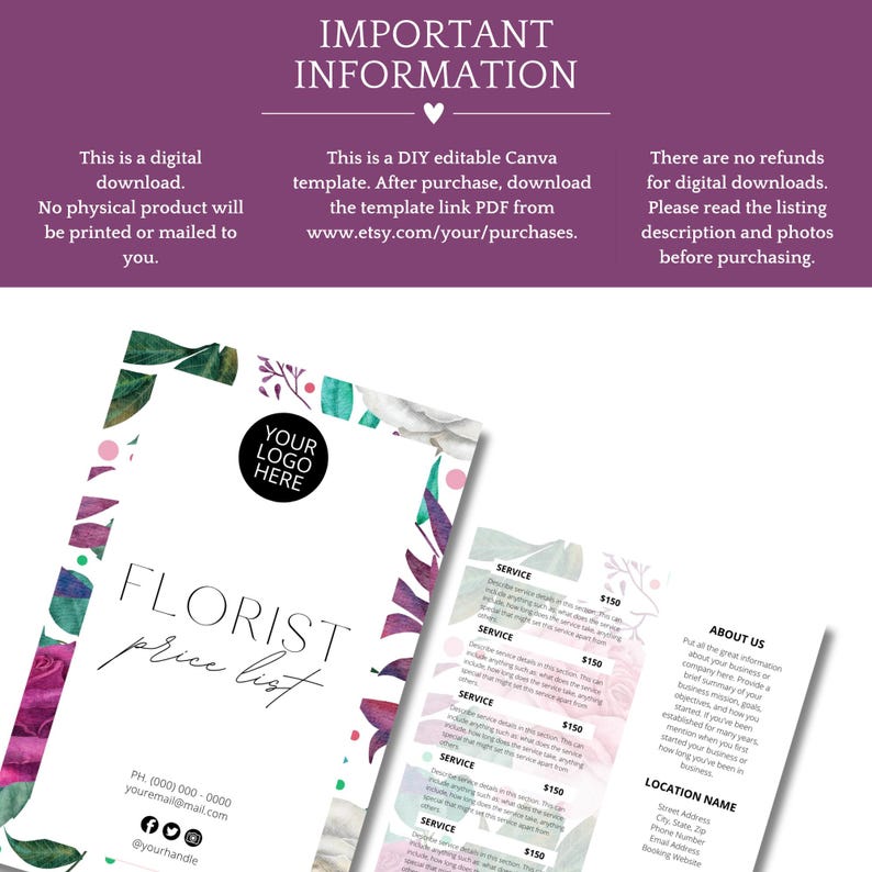Editable Florist Price List Template: Floral Service Menu (5.5 X 8.5 ...