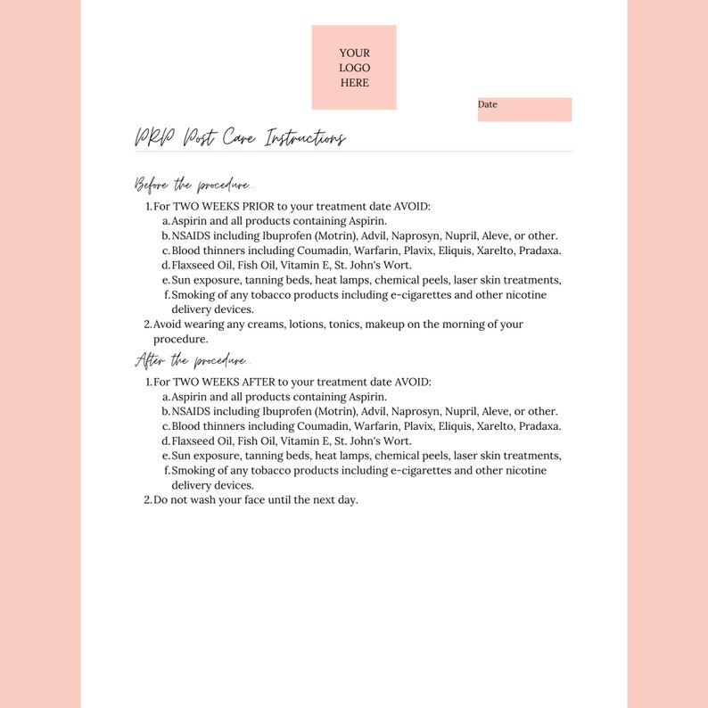 PRP Dermapen Intake Consent Aftercare Form I DIY Editable - Etsy Canada