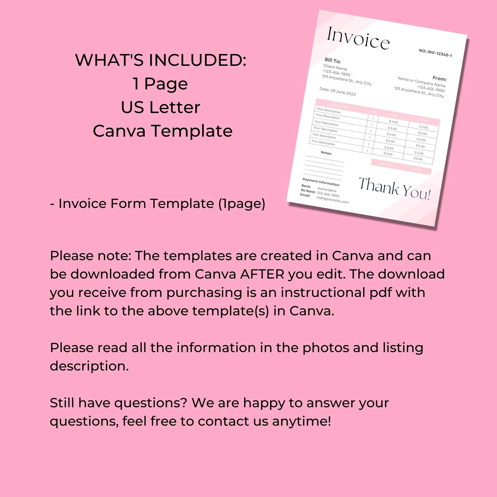 Editable Invoice Form Template Small Business Invoice Form - Etsy