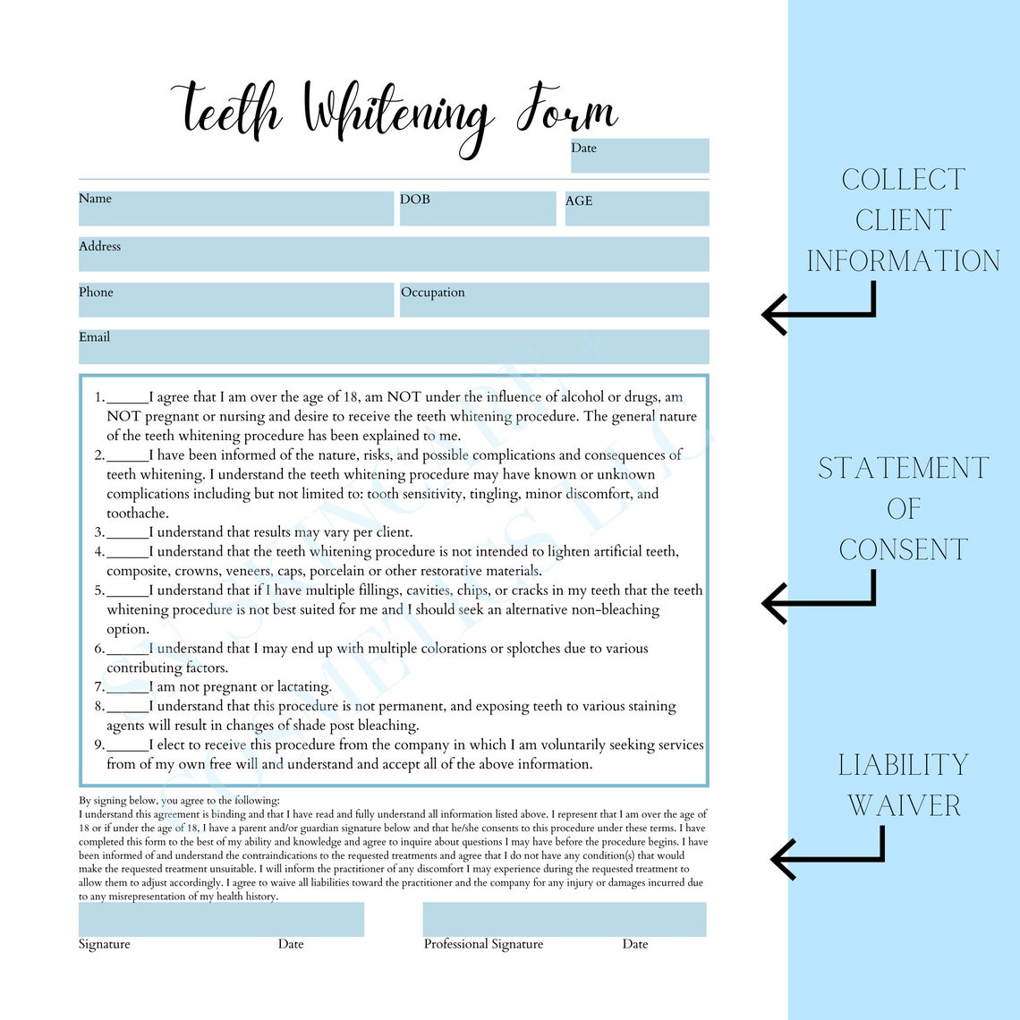 Ready To Print Teeth Whitening Consent Form In Office Teeth Etsy