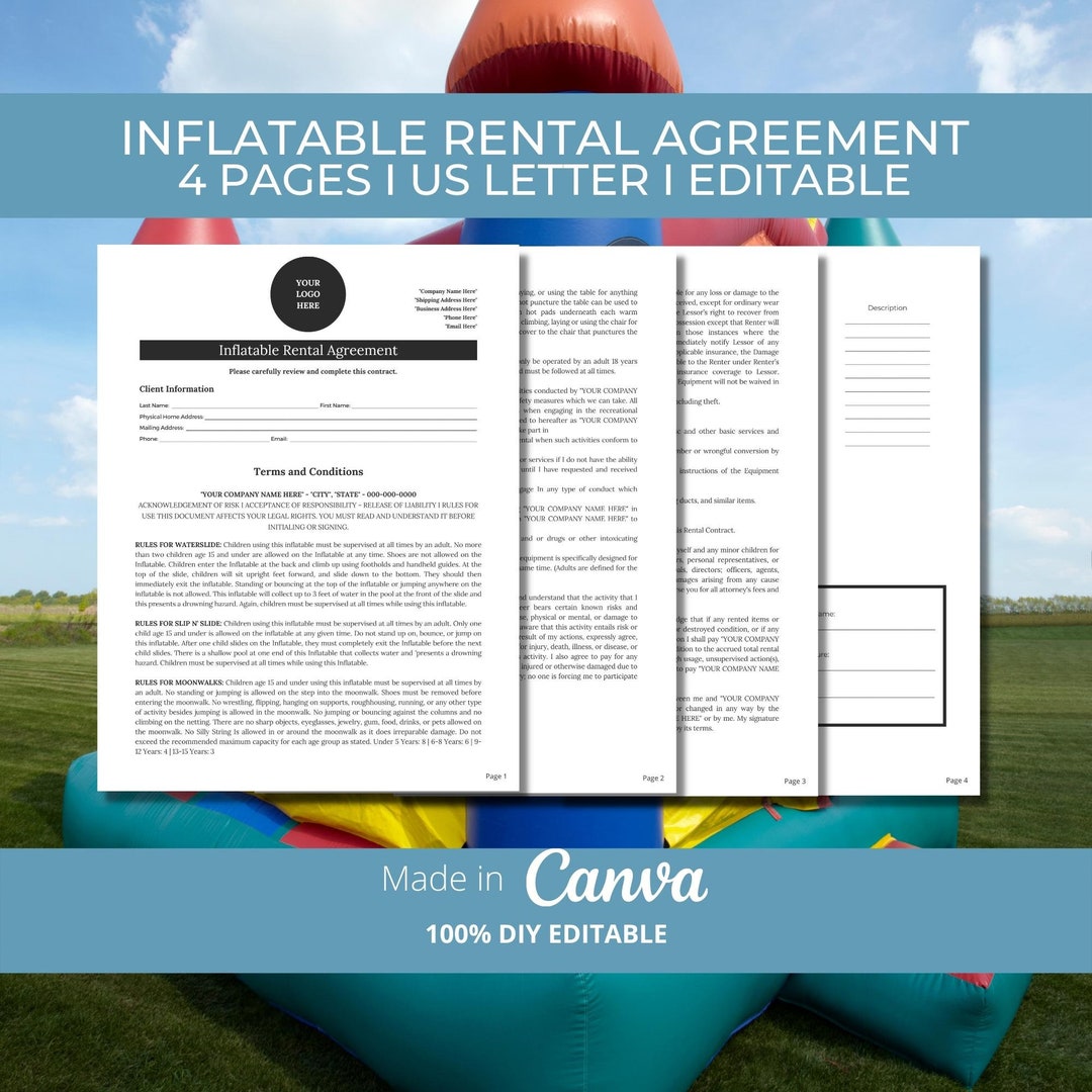 Inflatable Rental Contract Agreement I 4 Page DIY Editable Canva ...