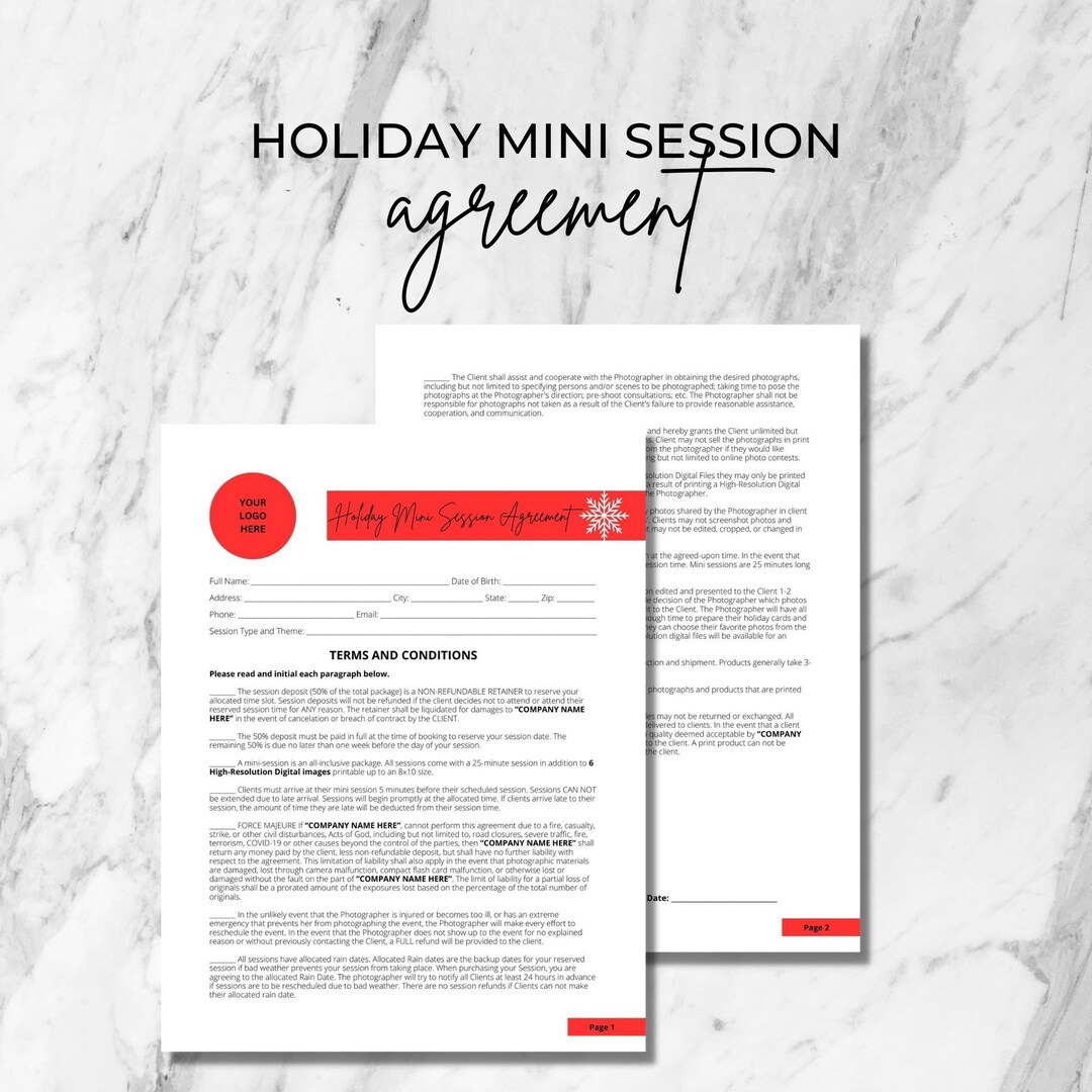 Holiday Mini Session Agreement, Christmas Photo Contract, XMAS ...