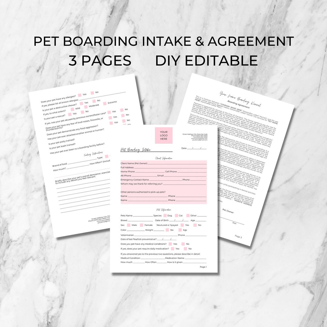 Pet Boarding Intake Form and Contract Agreement, DIY Editable Printable ...