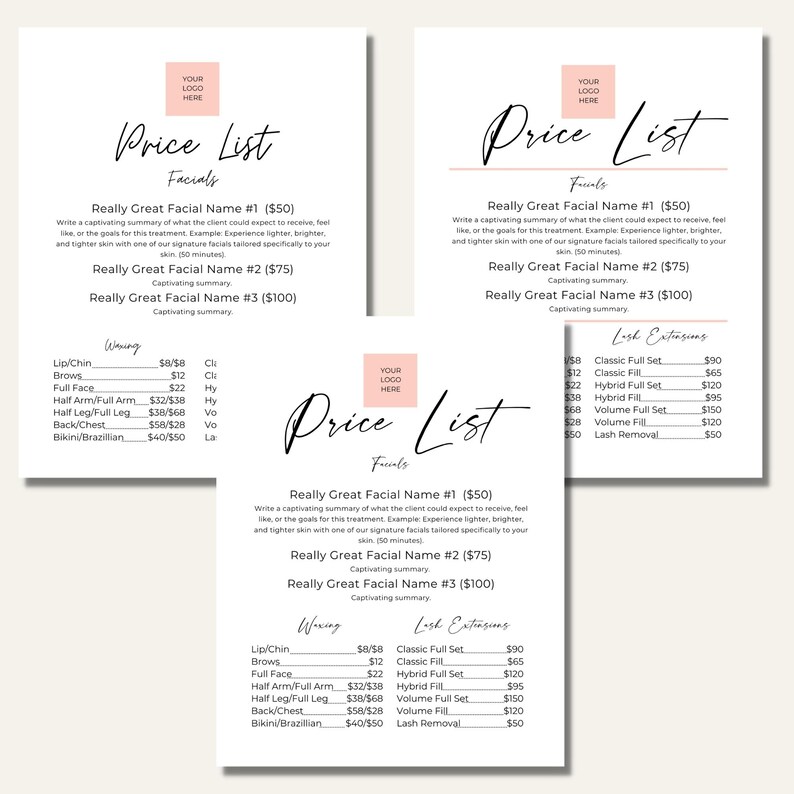 Esthetician Price List Template, Spa Service Menu Editable Canva ...