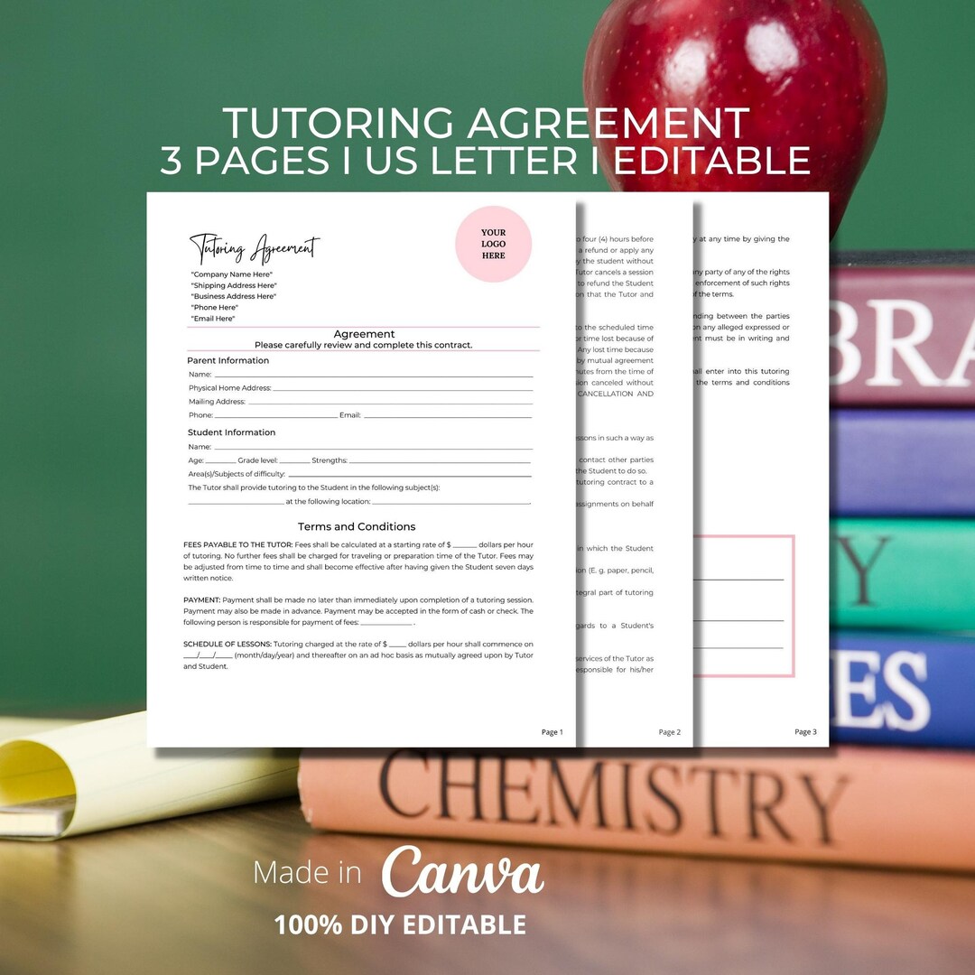 Tutoring Agreement, DIY Editable Printable 3 Page Canva Template, Pink ...