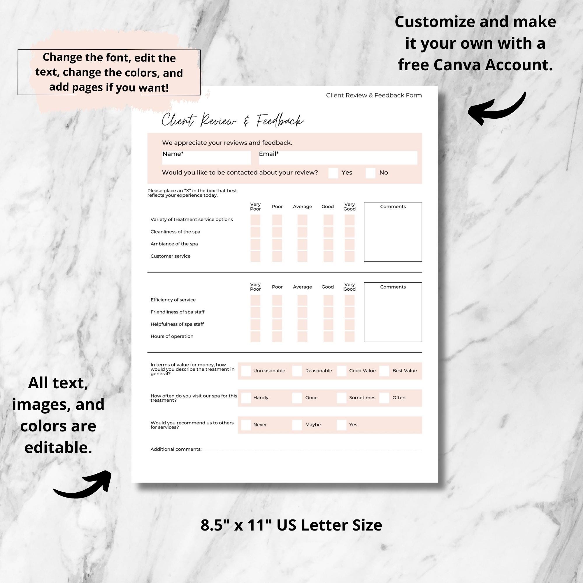 Spa Client Feedback Form, Client Questionnaire, Client Survey, Service ...