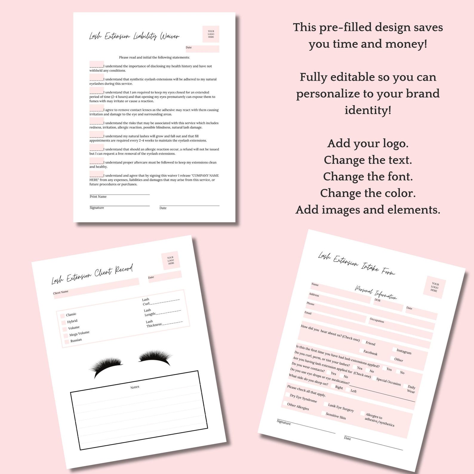 Lash Extension Forms, Intake, Waiver, Client Record (editable Canva ...
