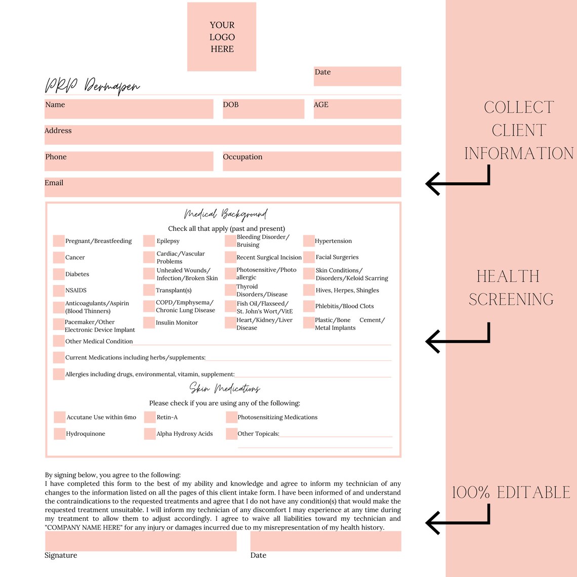 PRP Dermapen Intake Consent Aftercare Form I DIY Editable - Etsy Canada
