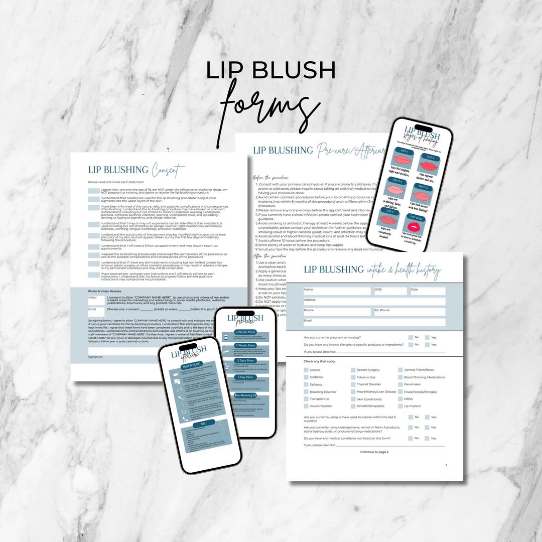 Lip Blushing Consent Forms, Lip Blush Intake Form, Pre-care Aftercare ...