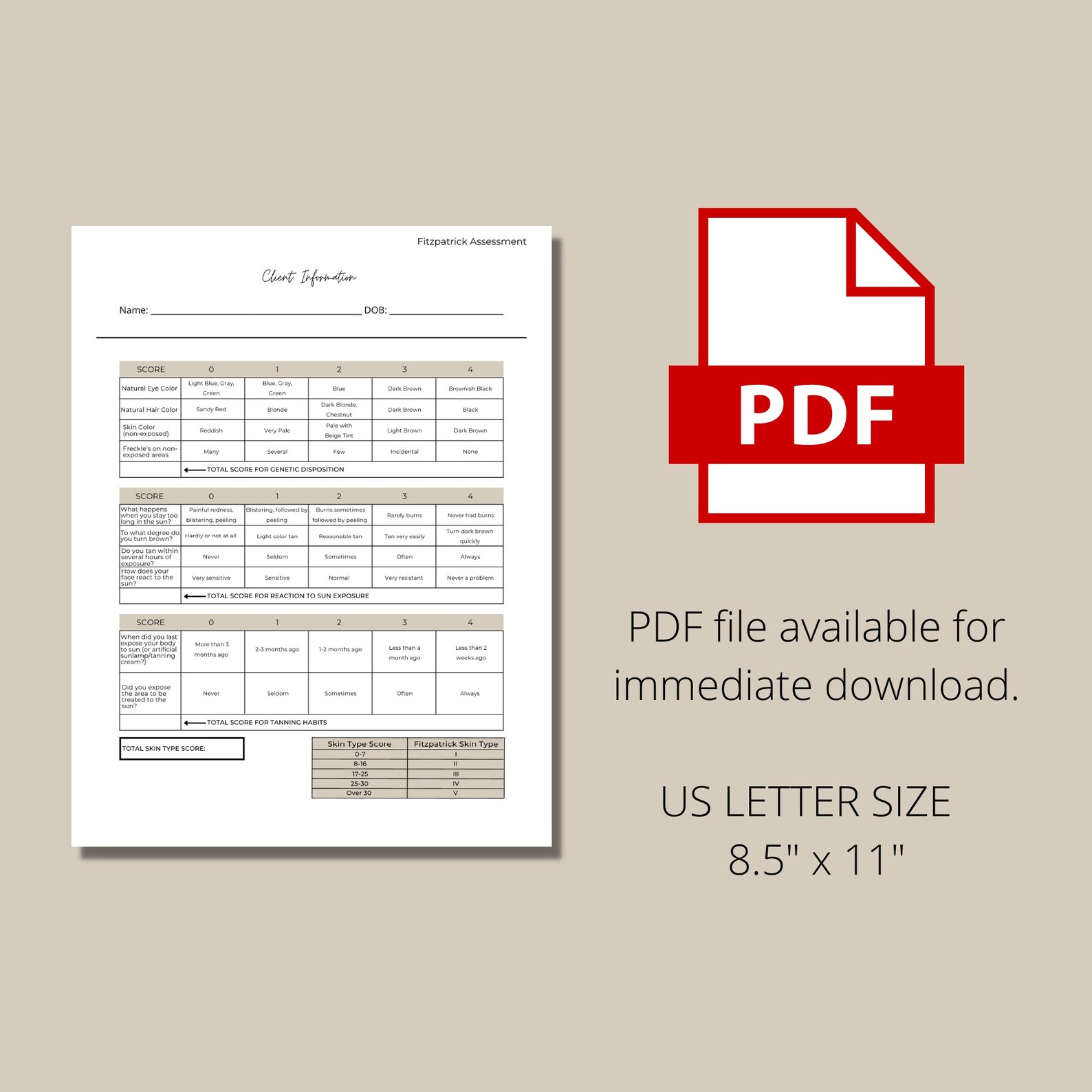 Fitzpatrick's Skin Type Questionnaire Form, Printable PDF for ...