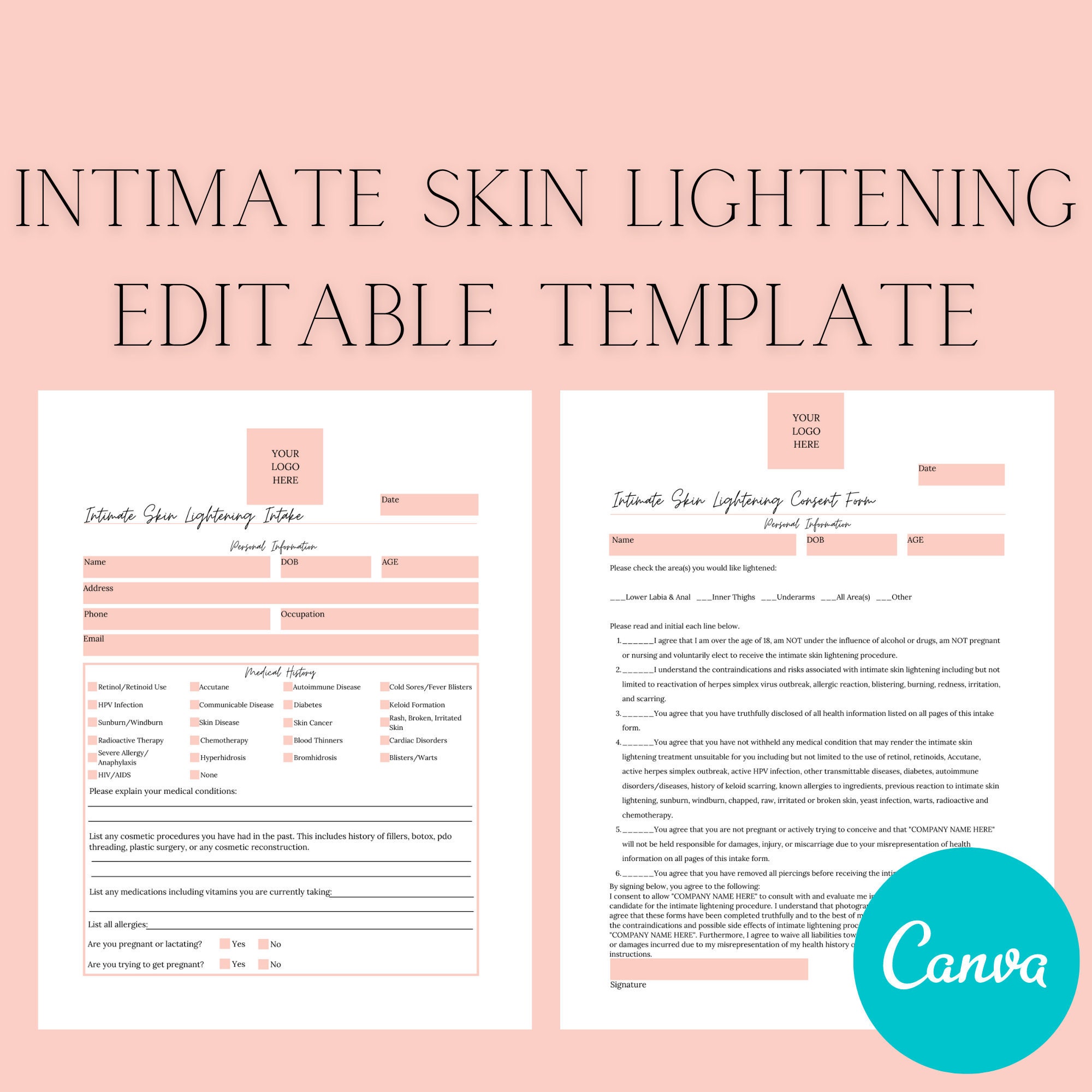 Editable Intimate Skin Lightening Intake and Consent Form | Etsy
