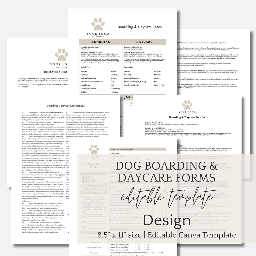 Dog Boarding Daycare Intake Form and Contract Agreement, Policies ...