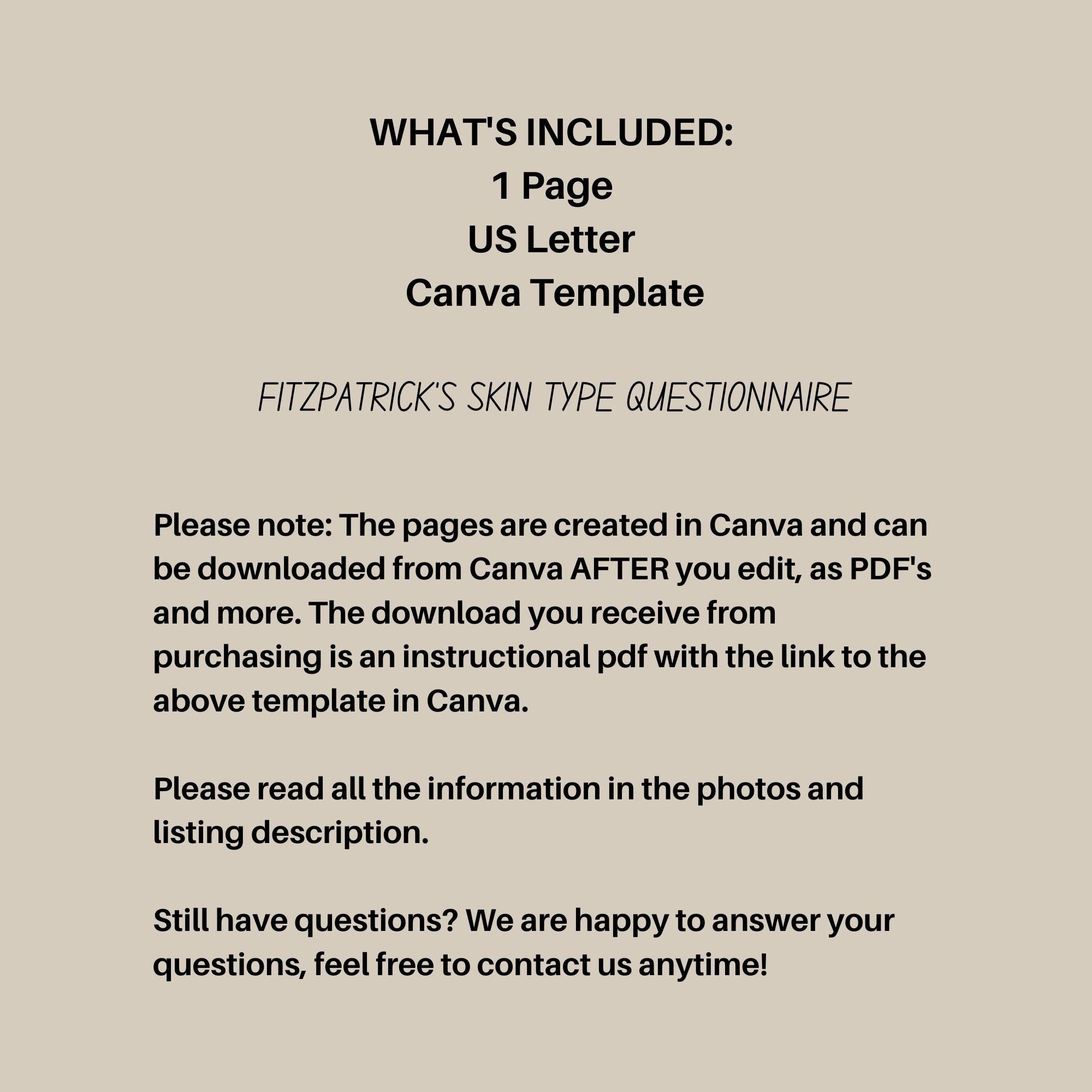 Editable Fitzpatrick Skin Type Questionnaire for Esthetician (digital ...