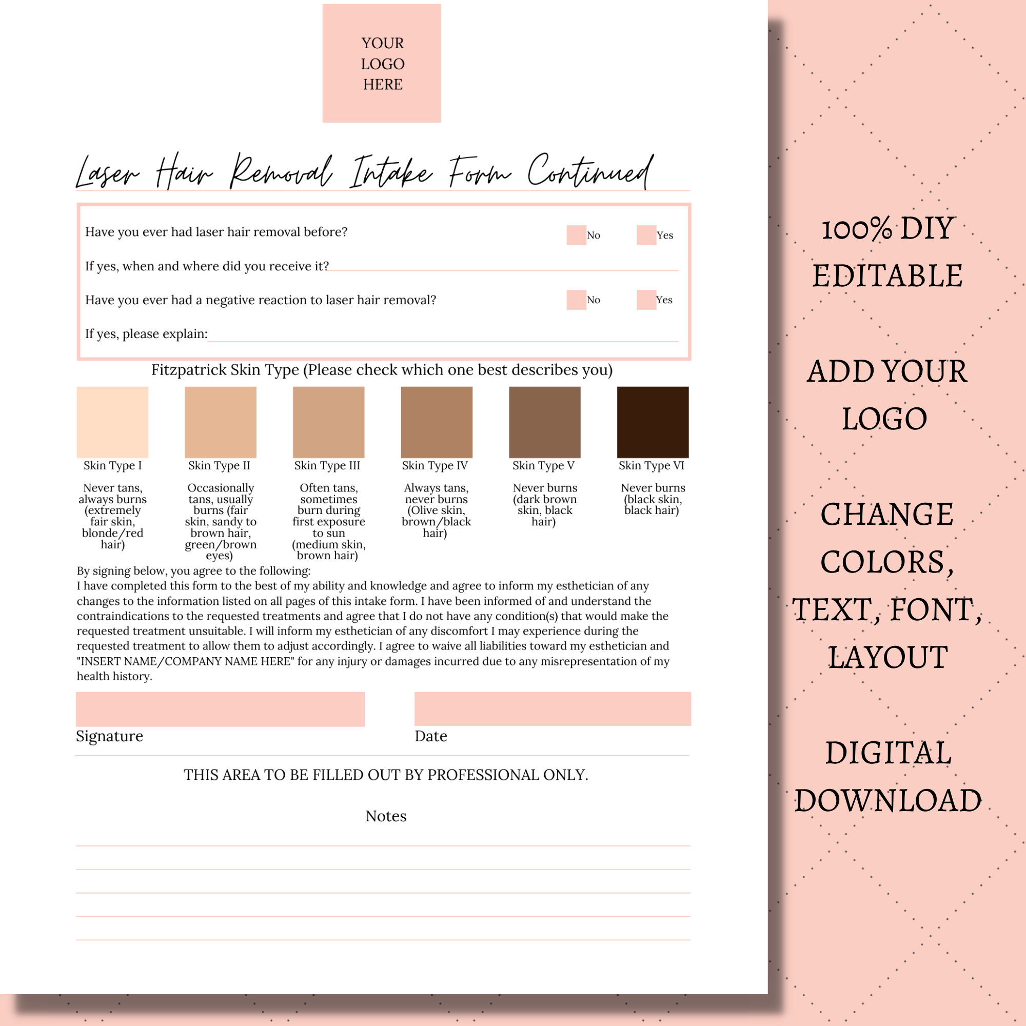 Laser Hair Removal Forms With Fitzpatrick Scale I DIY Editable - Etsy