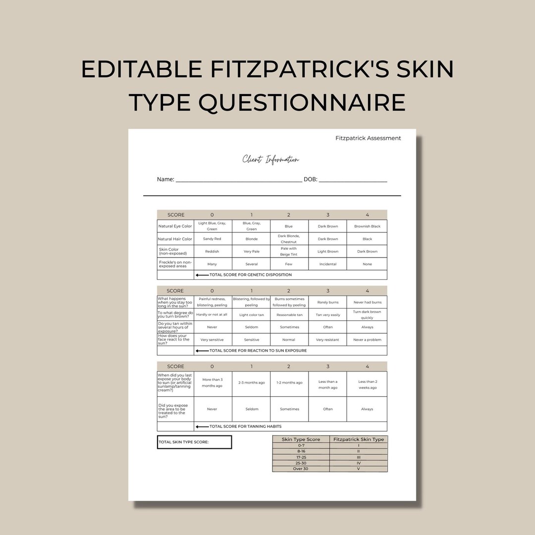 Editable Fitzpatrick Skin Type Questionnaire for Esthetician (digital ...