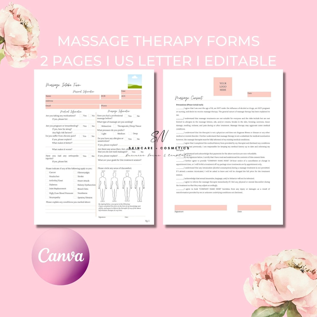 Massage Therapy Intake Form, Massage Therapy Consent Form, DIY Editable, Canva Template, Pink ...