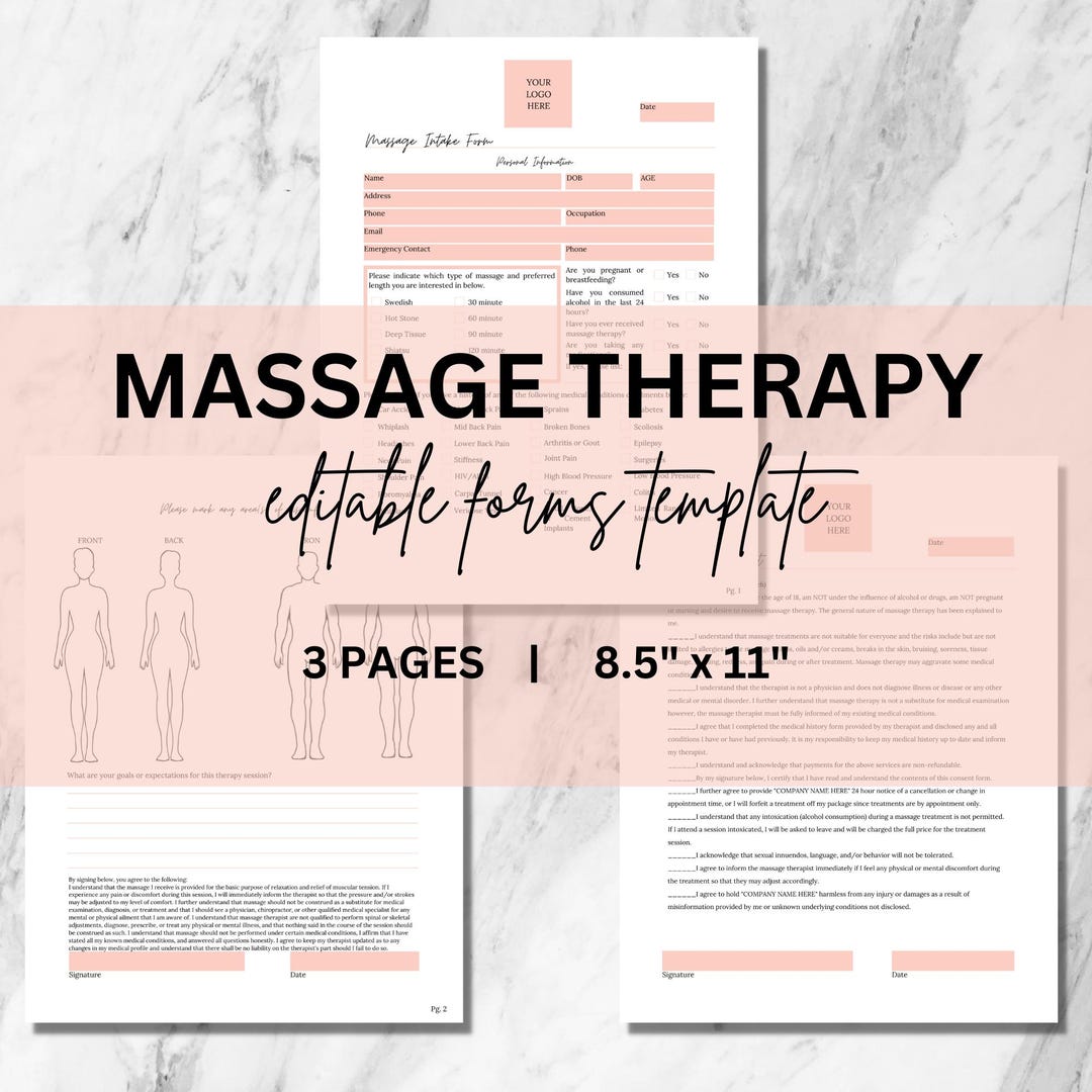 Massage Intake Consent Form With Body Charts I DIY Editable Printable 3 ...
