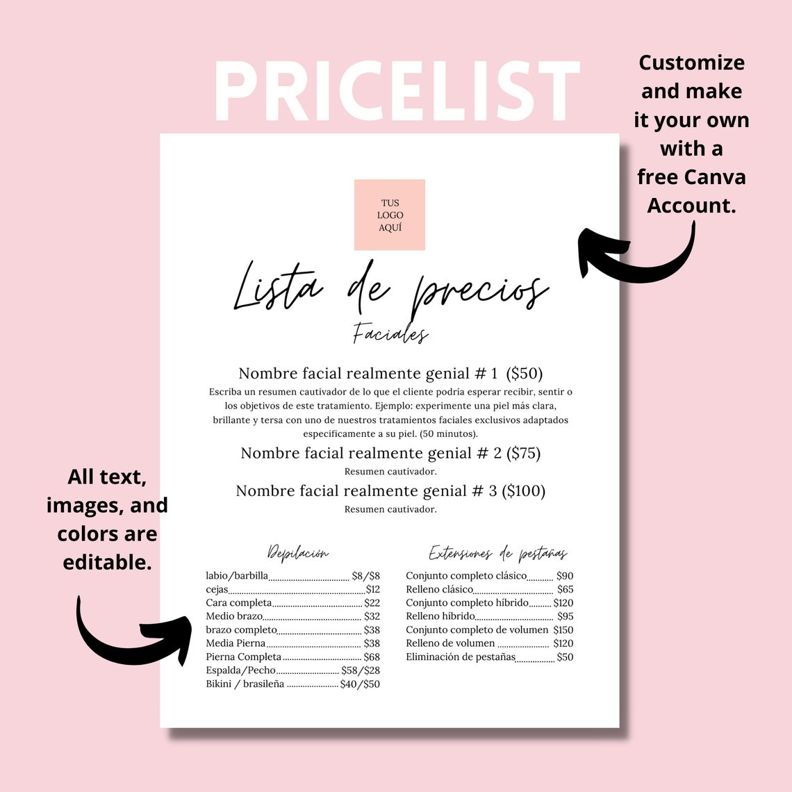 Editable Price List Template in Spanish I Price Menu Canva | Etsy