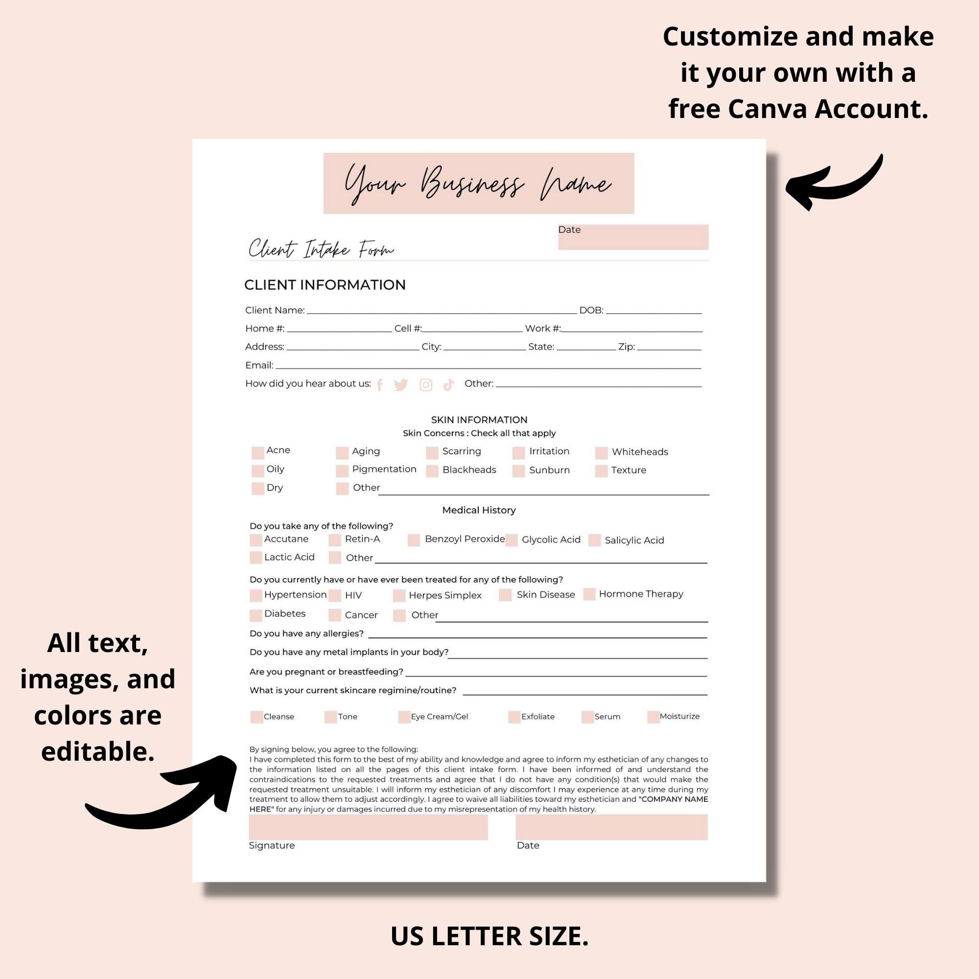 Client Intake Form DIY Editable Printable Canva Template - Etsy
