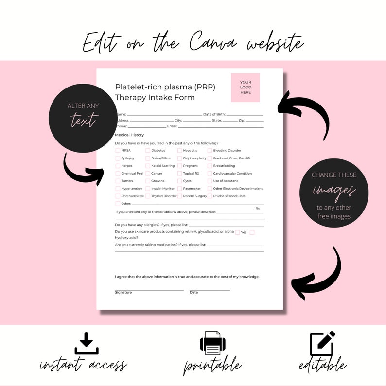 Platelet-rich Plasma PRP Forms Intake Form Consent Form - Etsy UK