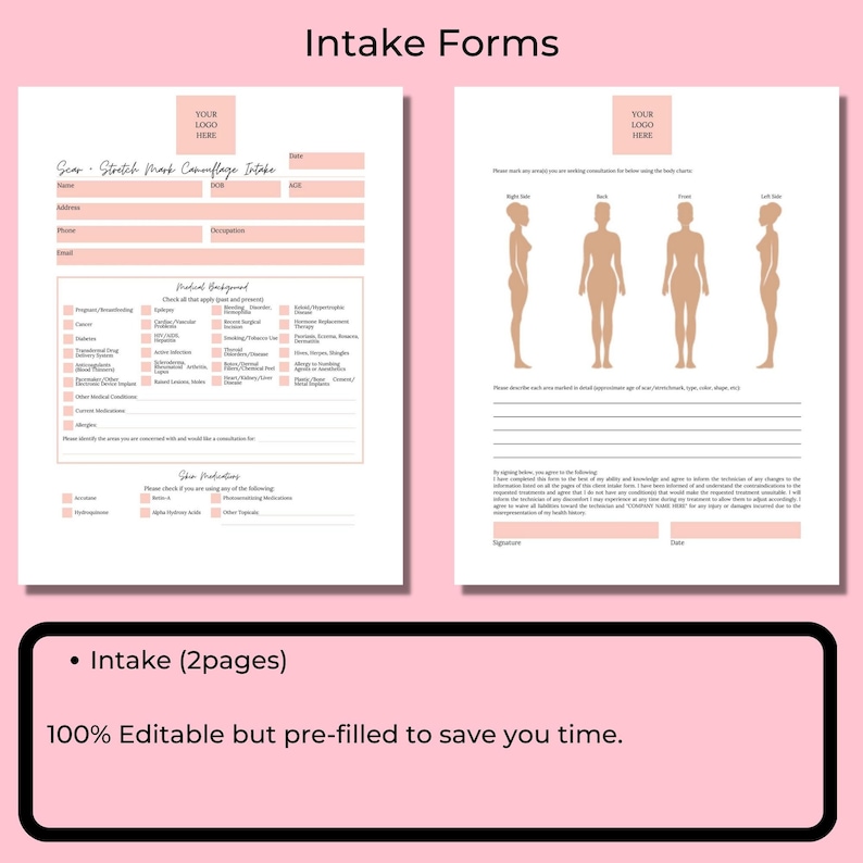 Scar Camouflage Forms, PMU Intake, Aftercare (editable, US Letter) - Etsy