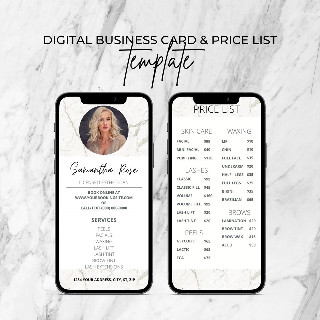 Editable Digital Business Card, Price List Design, White Marble, for ...