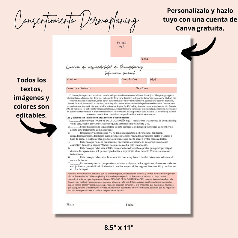 Dermaplaning Consent Form in Spanish DIY Editable Canva - Etsy