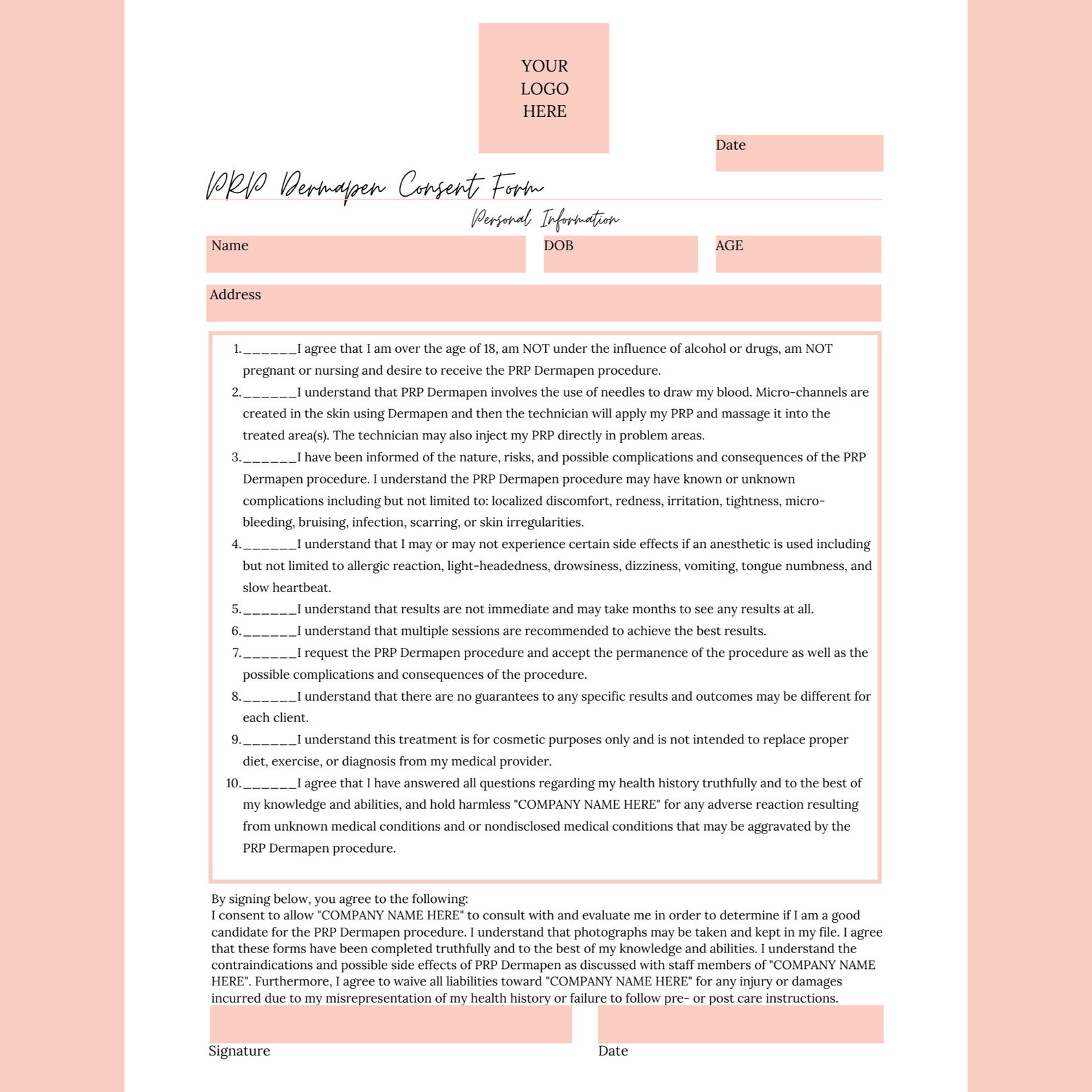 PRP Dermapen Intake Consent Aftercare Form I DIY Editable - Etsy
