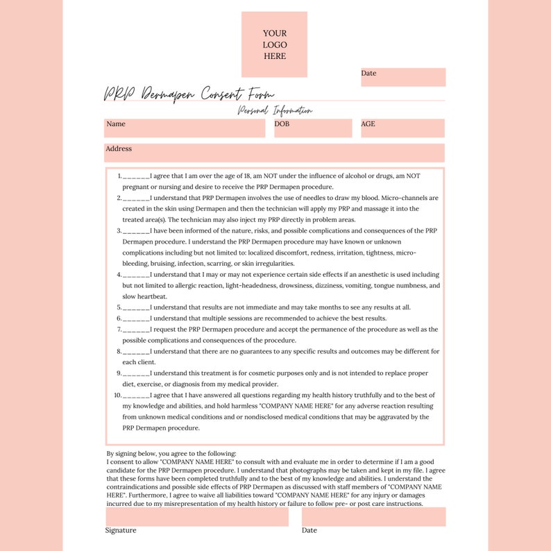 PRP Dermapen Intake Consent Aftercare Form I DIY Editable - Etsy Canada