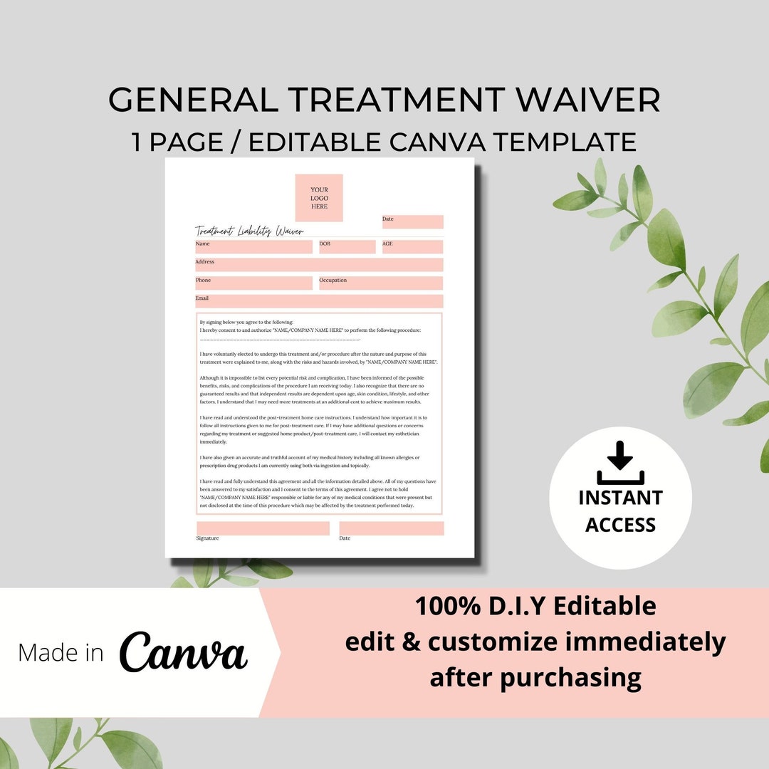 General Treatment Consent Waiver I DIY Editable Printable 1 Page Canva ...