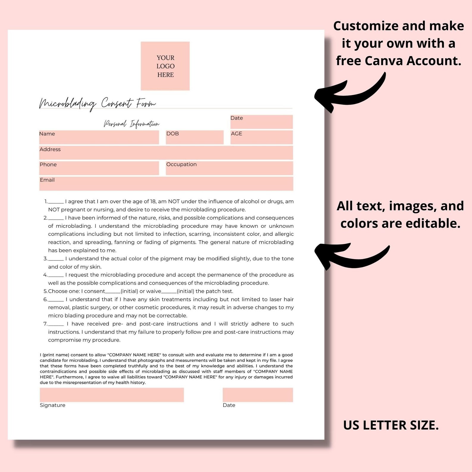 Microblading Consent Form DIY Editable Printable 1 Page Canva - Etsy