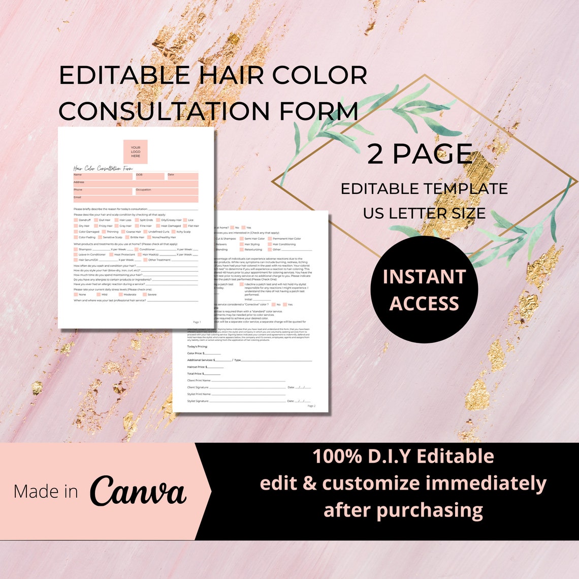 Editable Hair Color Consultation Form Template I Pink I Forms - Etsy