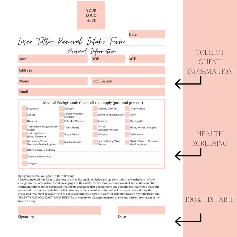 Laser Tattoo Removal Forms I Intake Consent Aftercare I DIY - Etsy