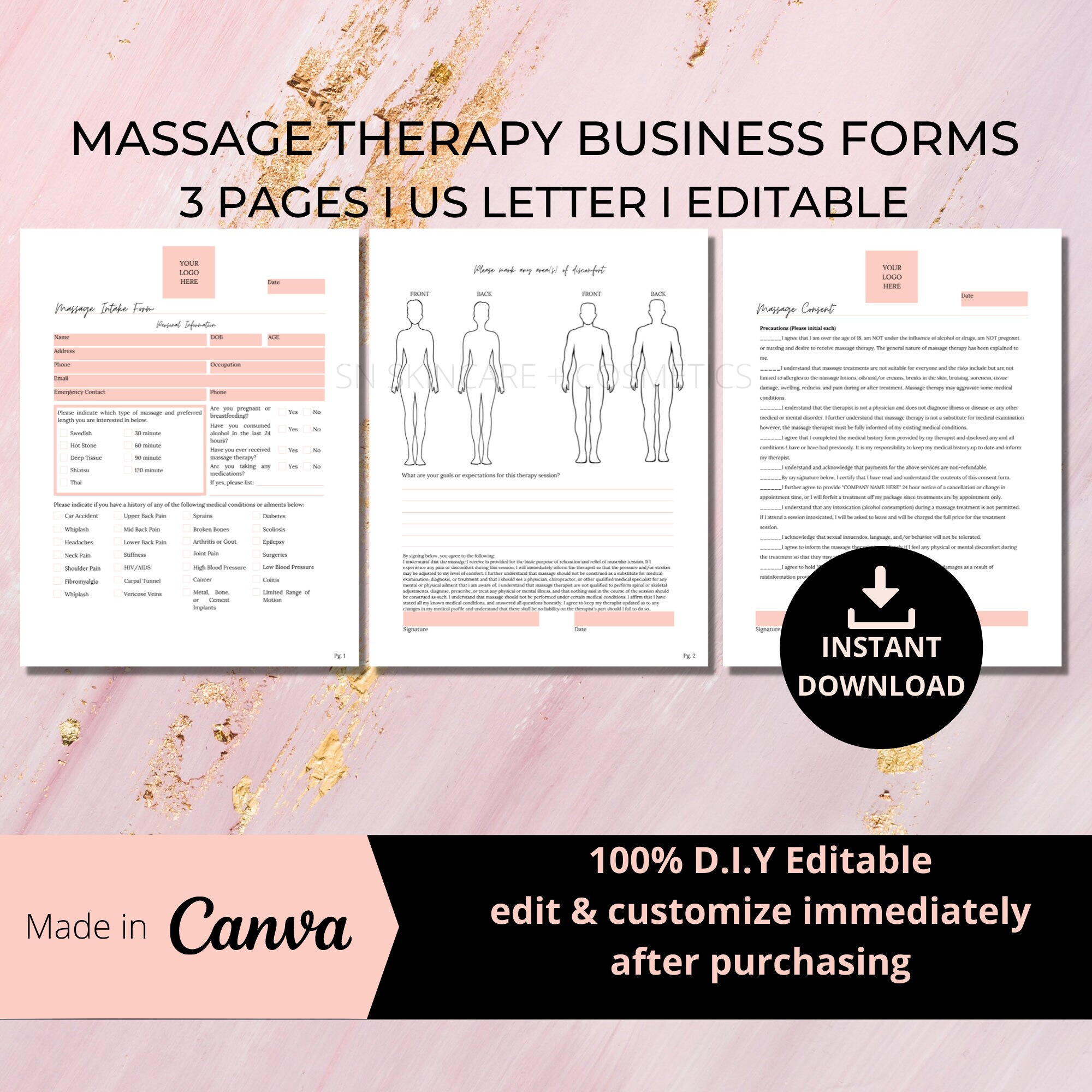Massage Intake Consent Form With Body Charts I DIY Editable - Etsy
