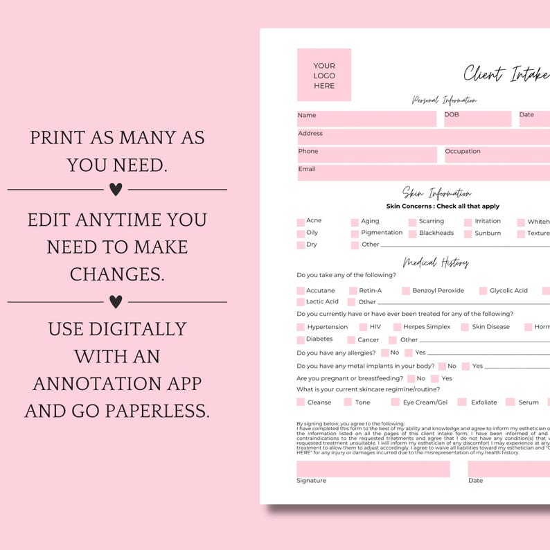 Esthetician Client Intake Form: Editable Canva Template - Etsy