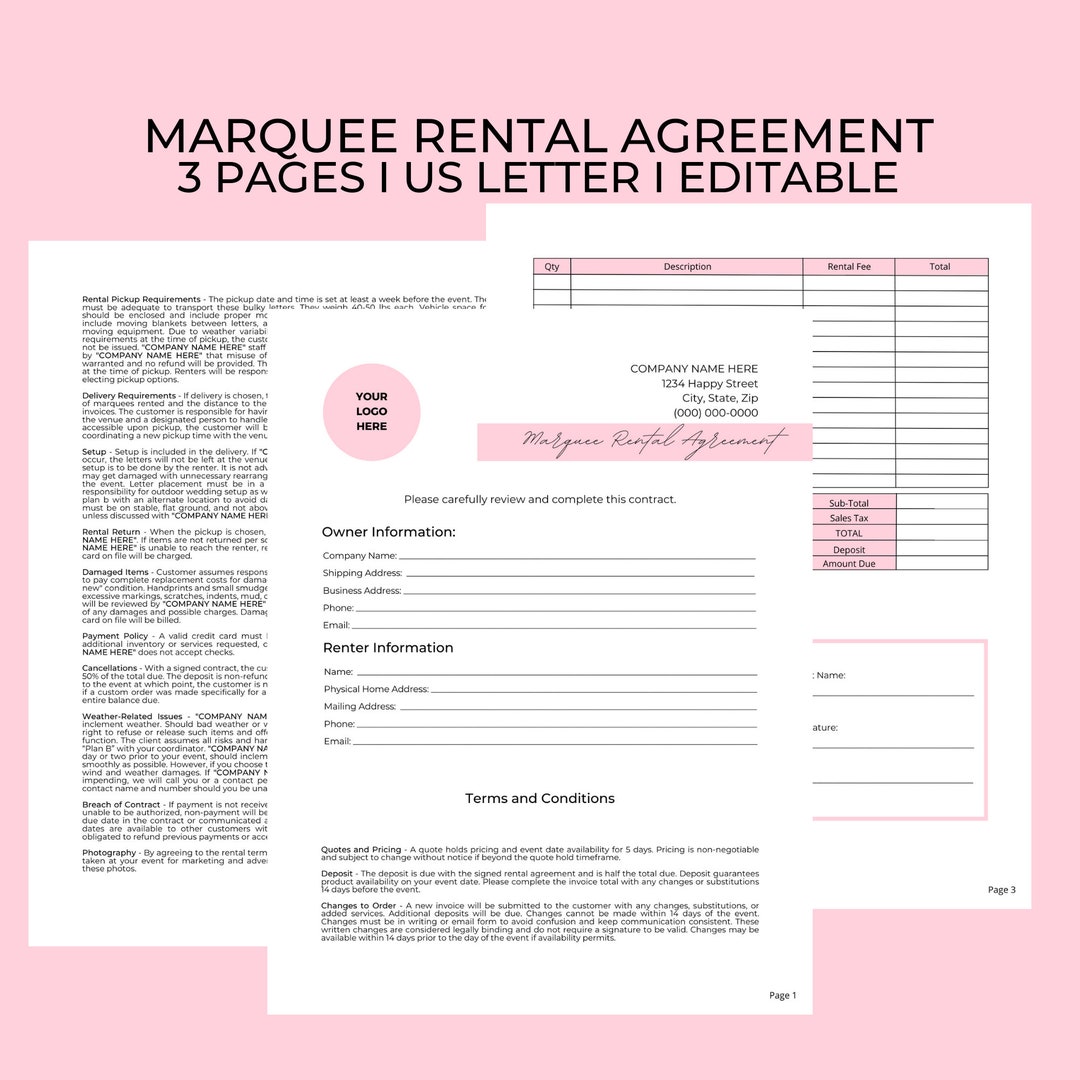Marquee Letter Number Rental Agreement, Editable Canva Template (3 Page ...