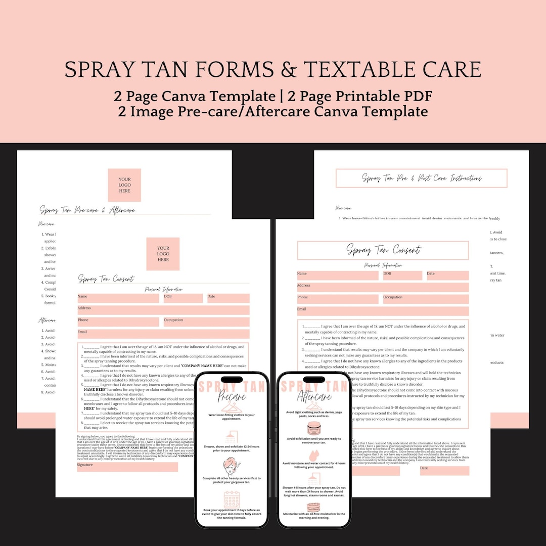 Spray Tan Consent Form Editable Spray Tan Pre-care Aftercare Printable ...