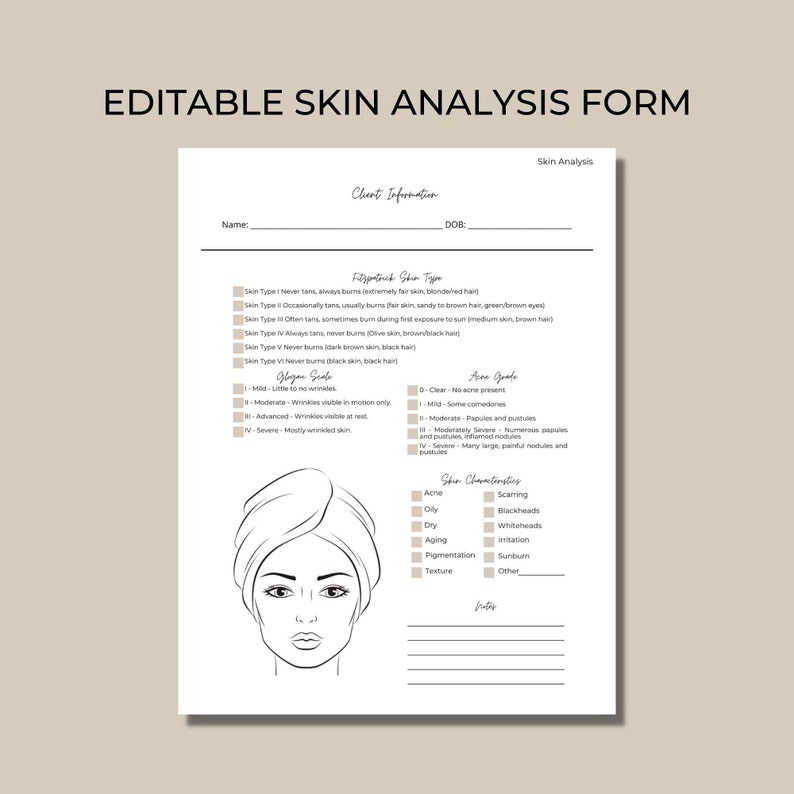 Editable and Printable Skin Analysis Form Template for - Etsy