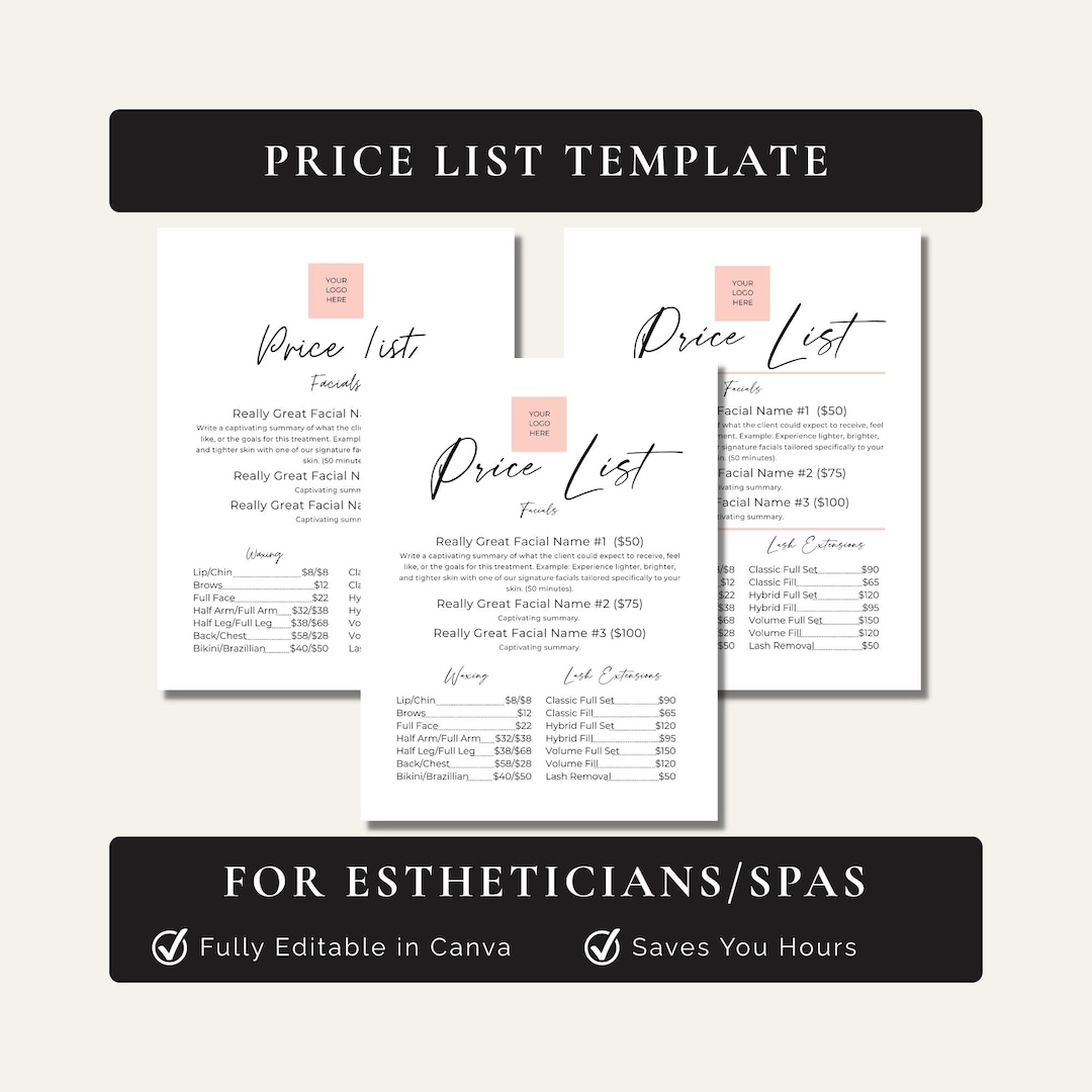 Esthetician Price List Template, Spa Service Menu Editable Canva ...