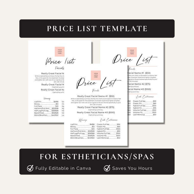 Esthetician Price List Template, Spa Service Menu Editable Canva ...